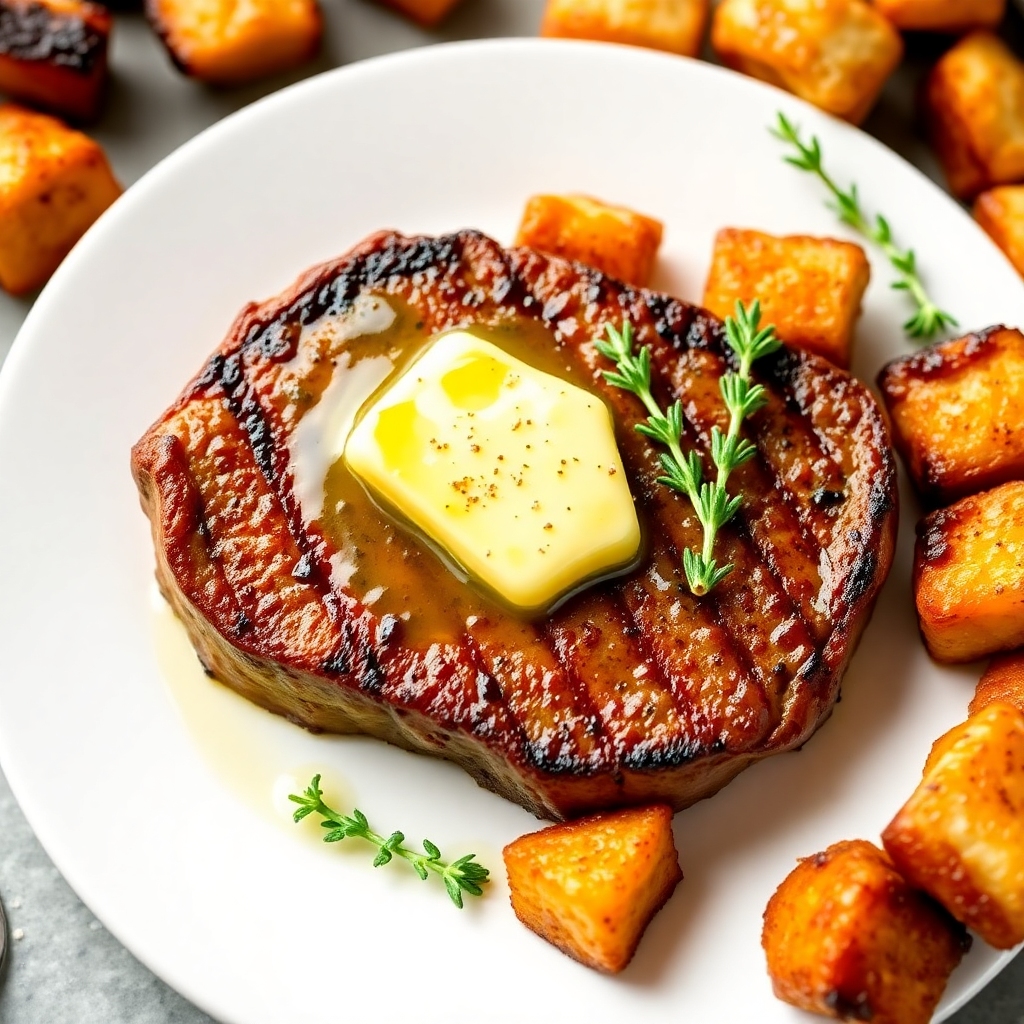 Pan-Seared Ribeye Steak with Garlic Butter and Crispy Pork Belly Bites ...